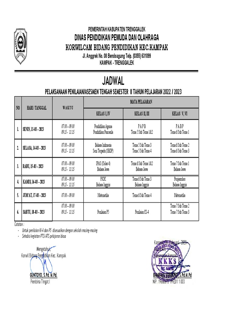 Jadwal Penilaian Tengah Semester 2023 | PDF