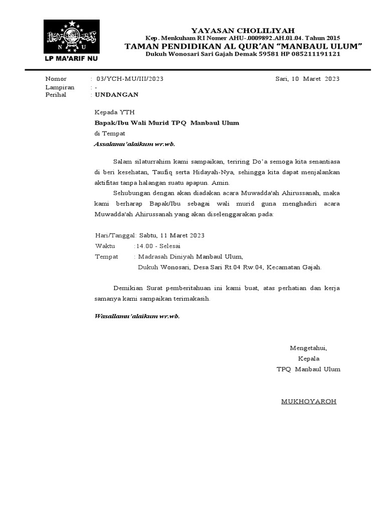 Surat Edaran TPQ Muadaah 2023 | PDF