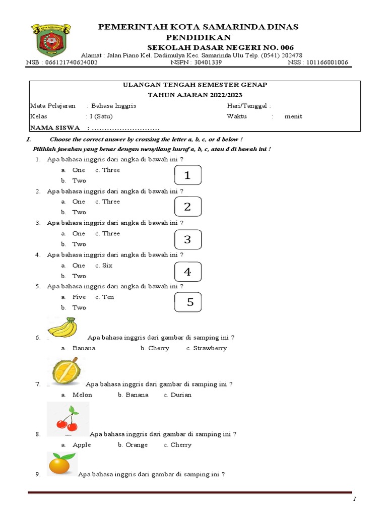 Soal Kelas 1 Uts B.inggris SMT 2 (2023) | PDF