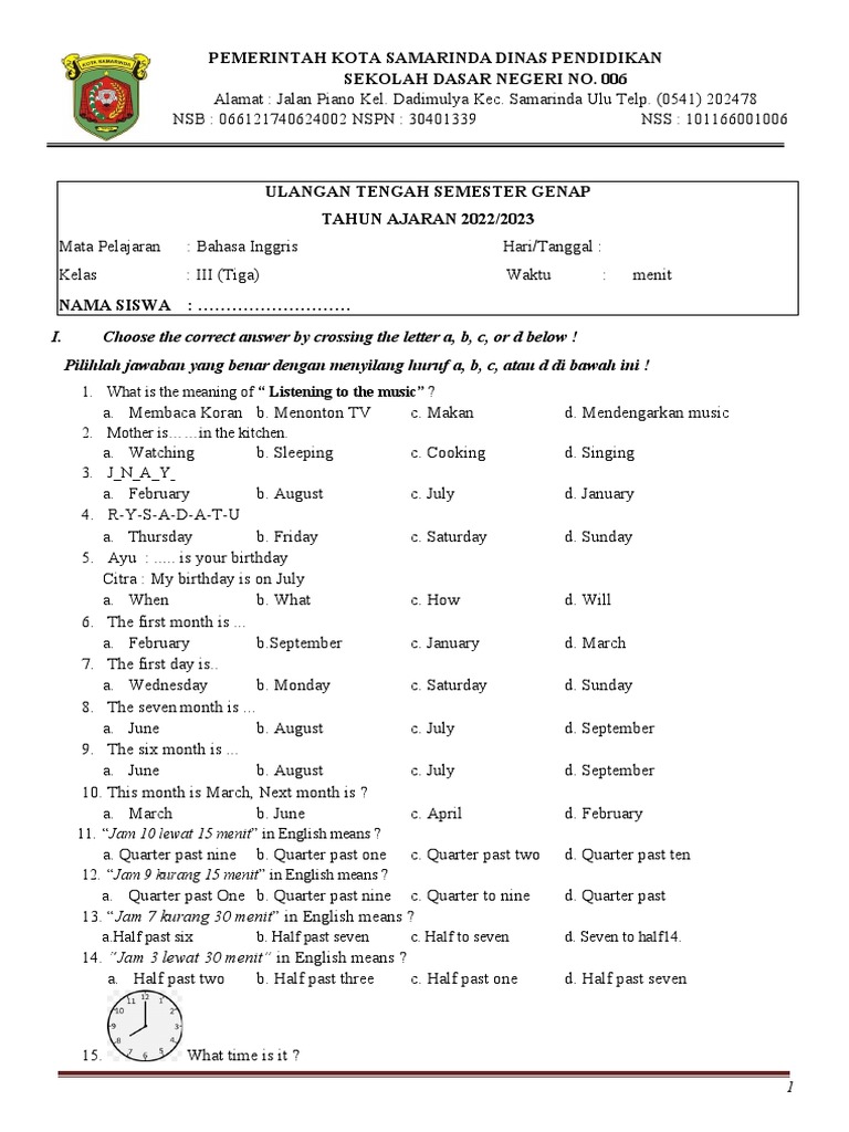 Soal Kelas 3 Uts B.ing SMT 2 (2023) | PDF