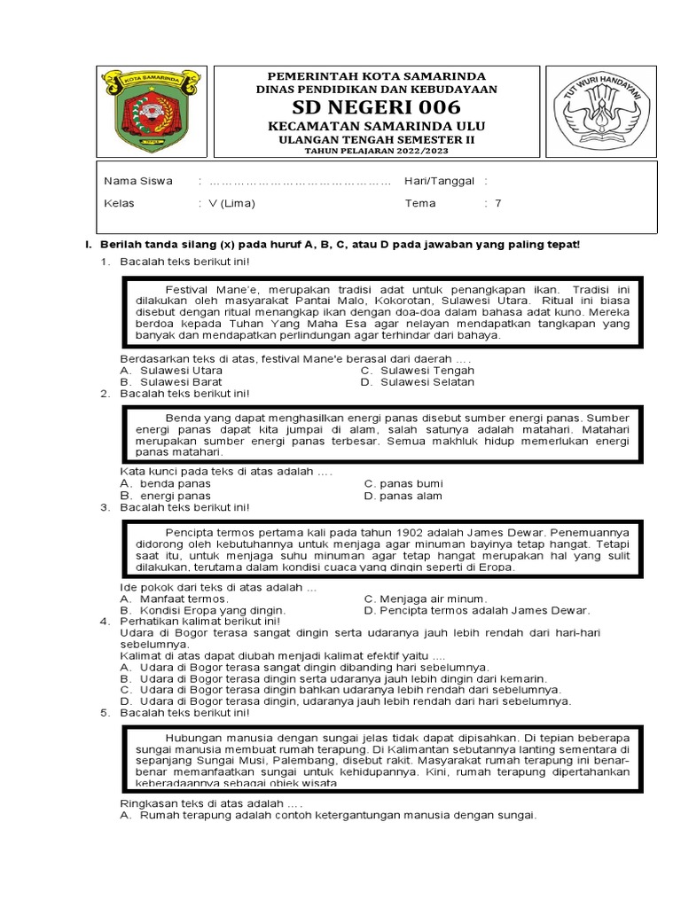Soal PTS Tema 6 KLS 5 2022 | PDF | Perjalanan | Kajian Bahasa Asing