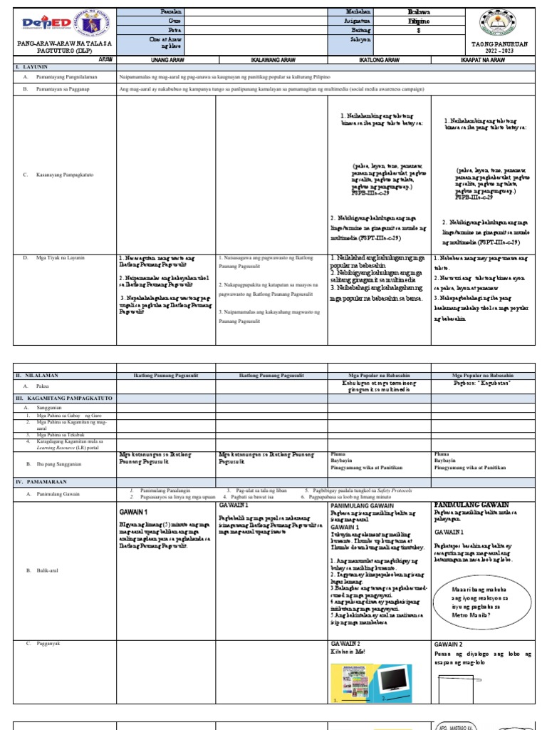 DLP - Filipino 8 - Q3 Paunang Pagsusulit | PDF