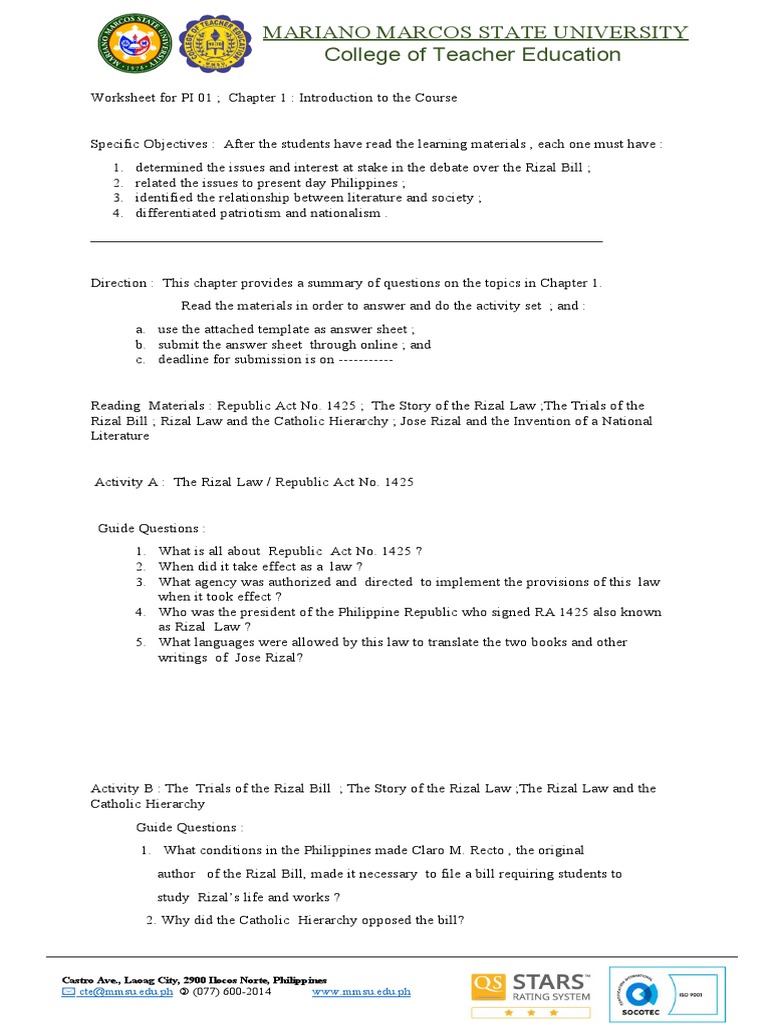 Rizal Law Course Introduction Worksheet | PDF