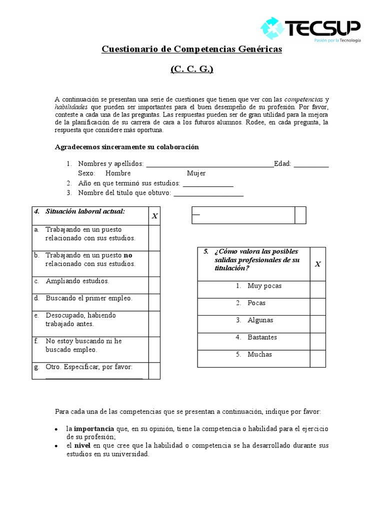 Cuestionario de Competencias Genéricas | PDF