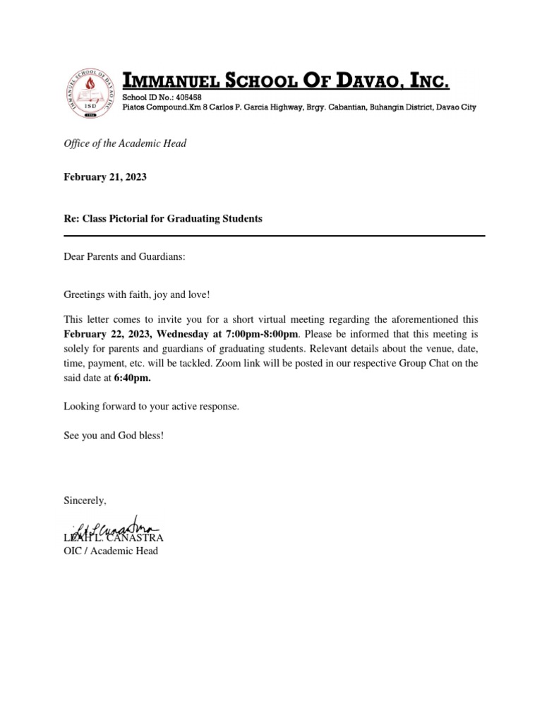 Letter of Invitation To Parents Class Pictorial For Graduating Students ...