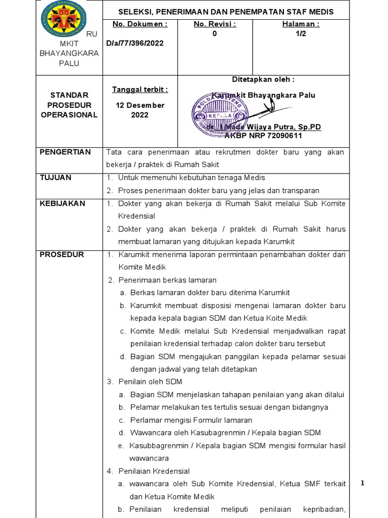 SOP Seleksi penerimaan dan penempatan Staf Medis | PDF