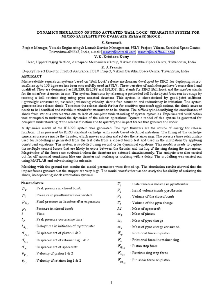 Dynamic Simulation of Pyro Actuated 'Ball Lock' Separation System For ...
