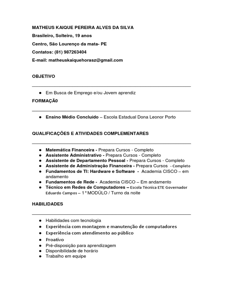 Currículo MATHEUS KAIQUE | PDF