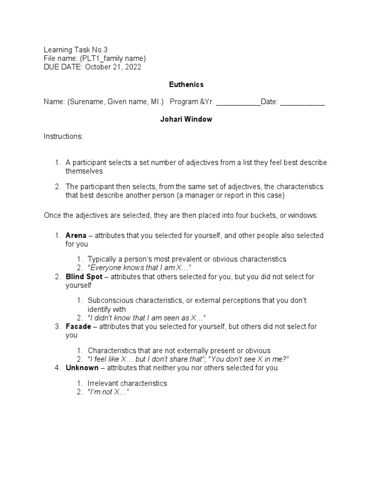 Learning Task No.3 Johari Window | PDF Learning Task No.3 Johari Window | PDF