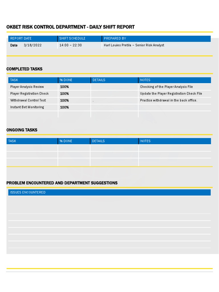 Daily Shift Report - Risk Control Dept. | PDF