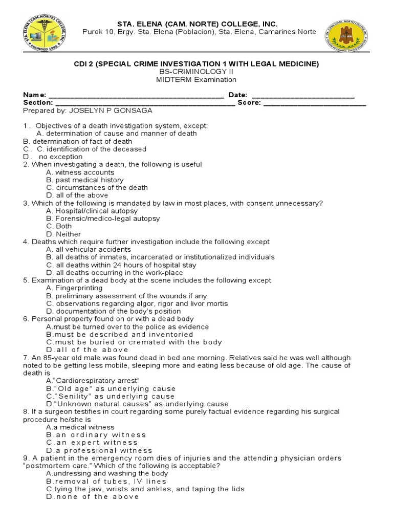 Midterm Exam Cdi 2 Final | PDF | Injury | Autopsy