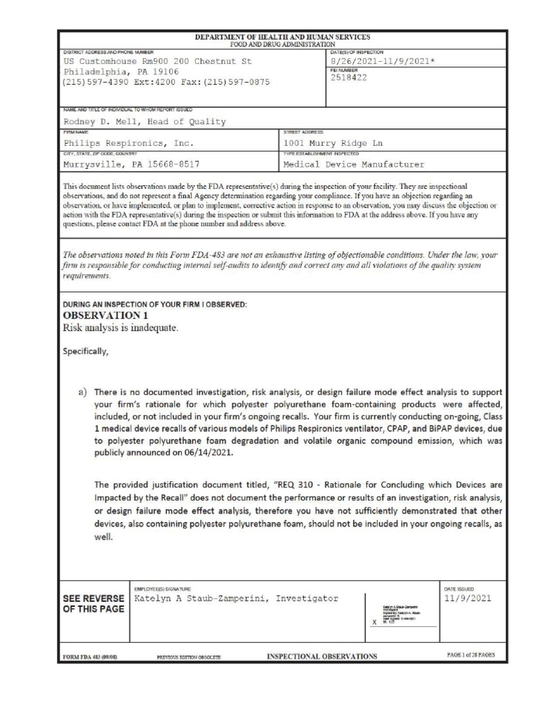 FDA 2021 Inspection of Philips | PDF | Food And Drug Administration ...