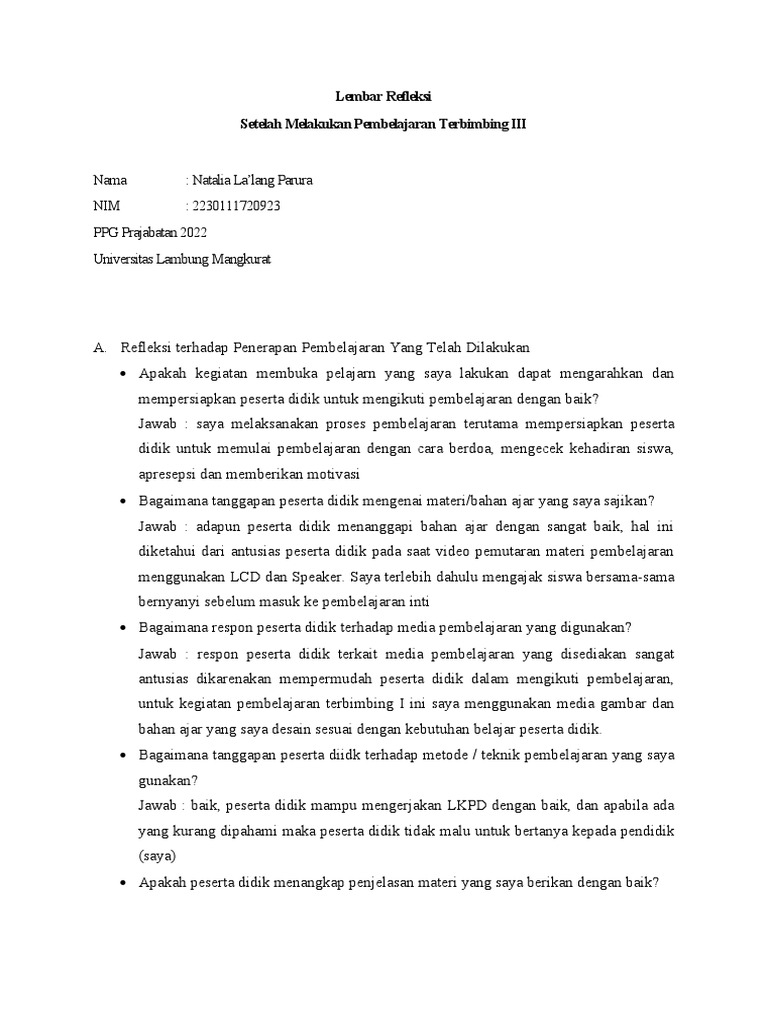 Lembar Refleksi Terbimbing III - Natalia La'lang Parura - PGSD-C | PDF ...