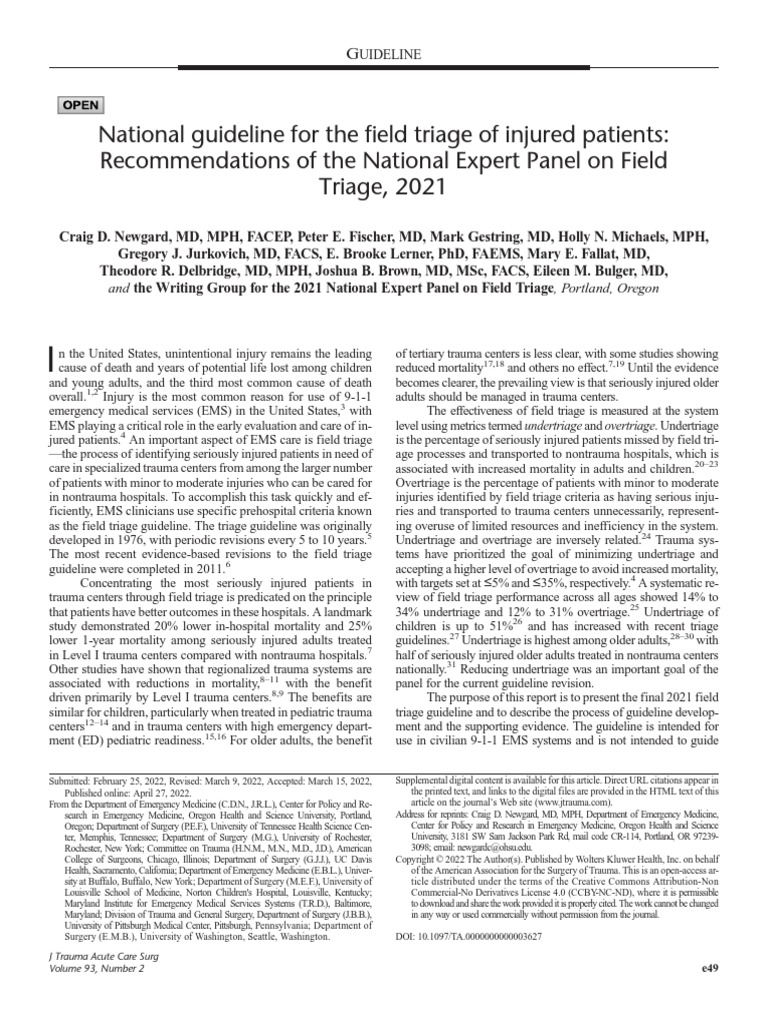 National Guideline For The Field Triage of Injured.19 | PDF | Injury ...