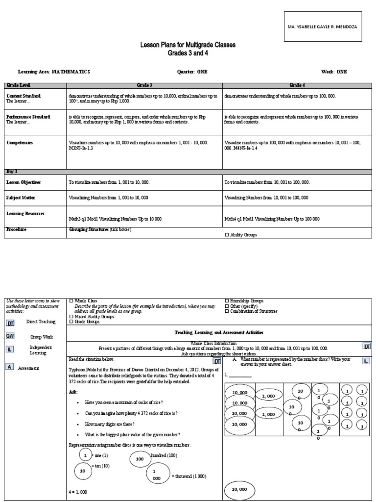 LESSON PLAN IN MATHEMATICS - 3and4 - Q1W1D1 | PDF | Lesson Plan | Education Theory