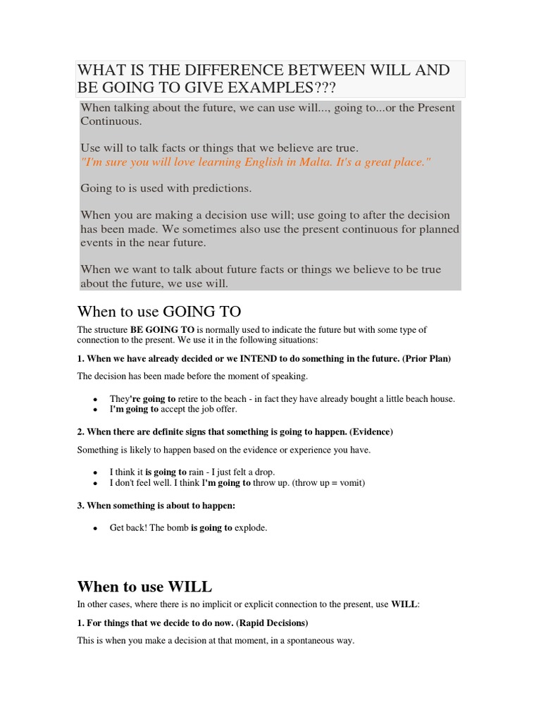 What Is The Difference Between Will and Be Going To Give Examples PDF | PDF