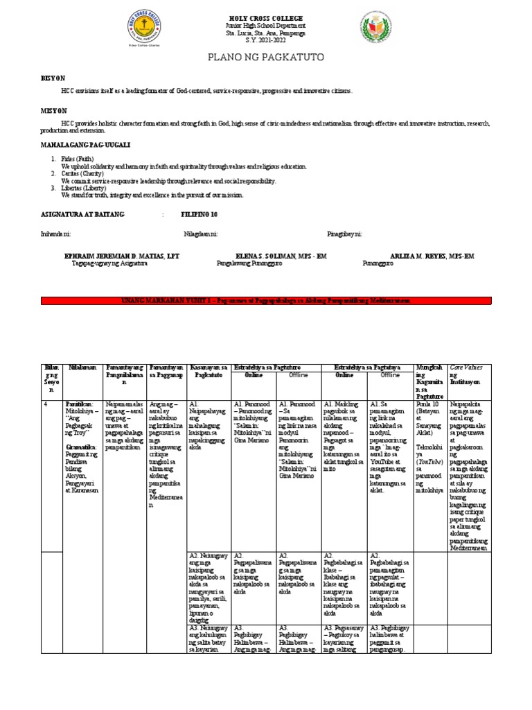 Plano ng Pagkatuto (Filipino 10) | PDF