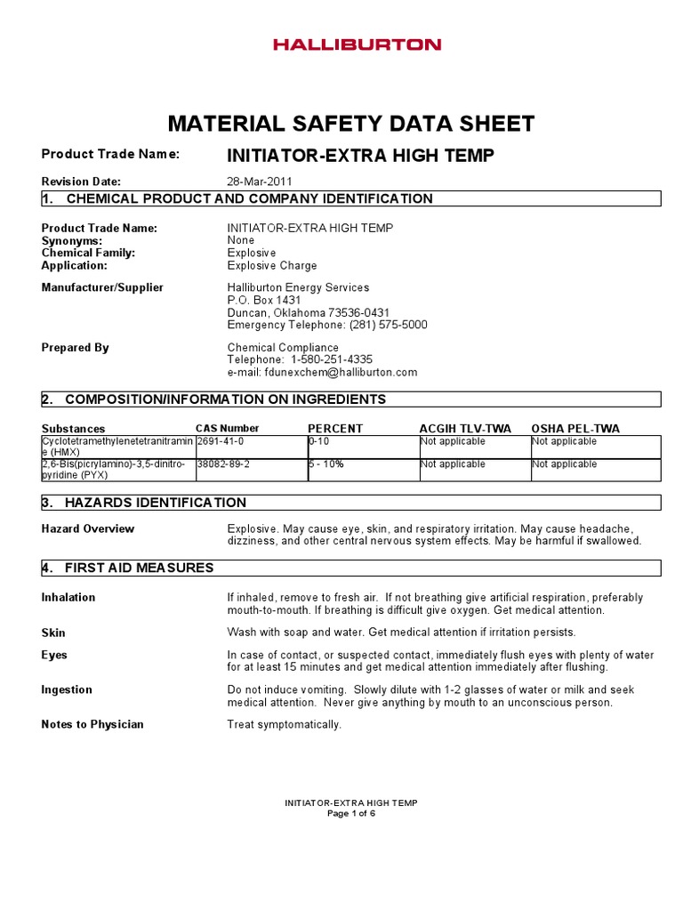 Safety Data Sheet for an Explosive Material: Initiator-Extra High Temp ...