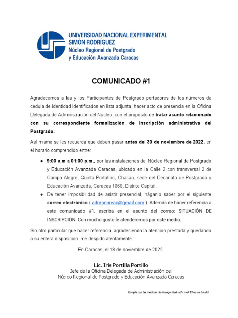 Comunicado #1 Administración | PDF