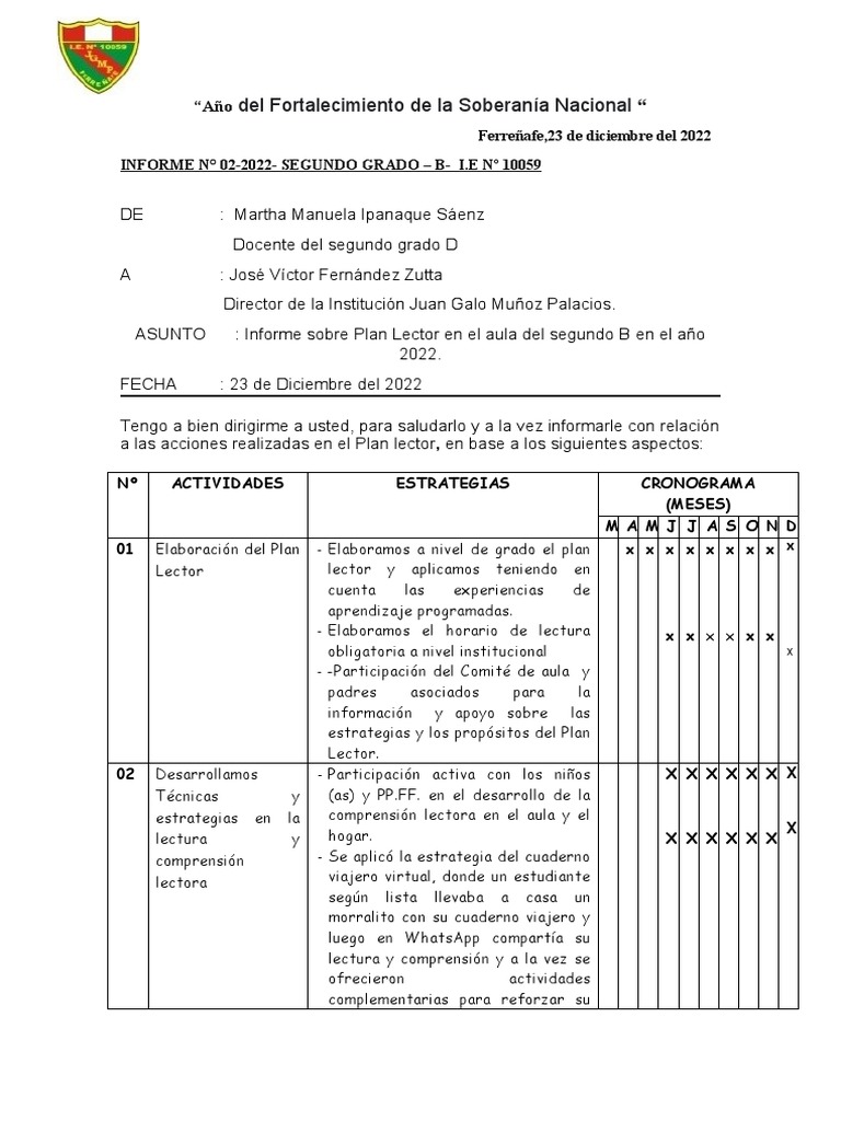 INFORME Plan Lector SEGUNDO GRADO B | PDF | Salón de clases | Metodos ...