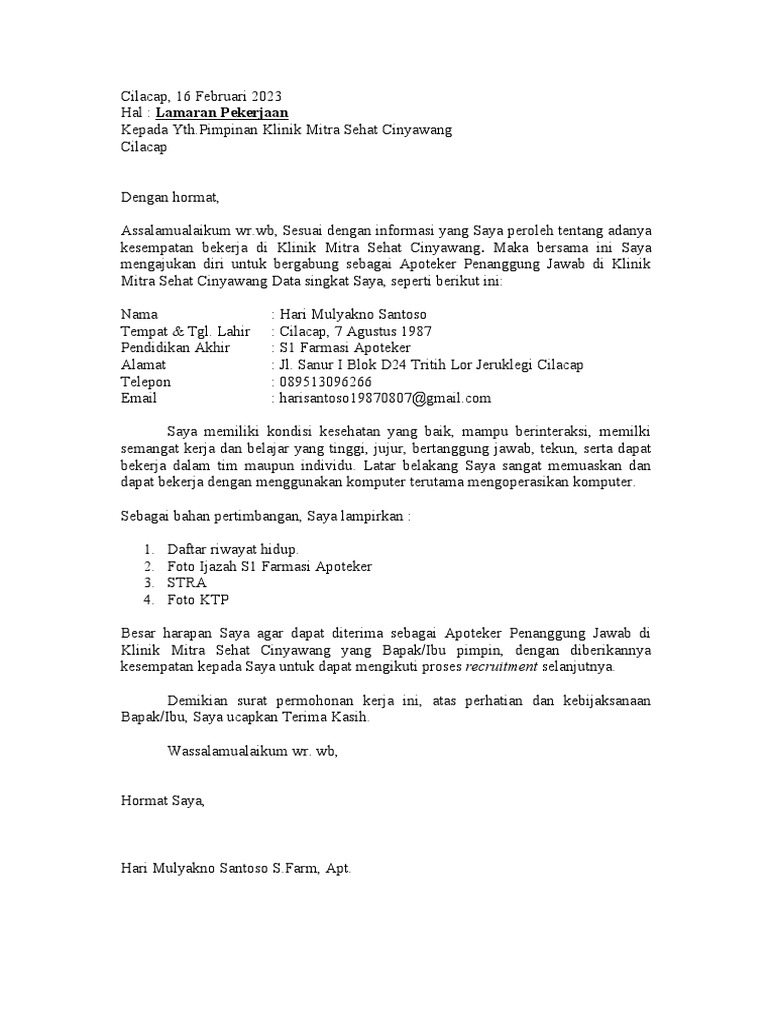 Lamaran Apoteker Klinik Mitra Sehat | PDF