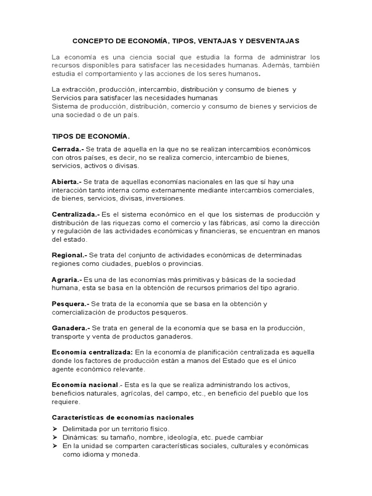Concepto de Economía, Tipos, Ventajas y Desventajas | PDF | Comercio | Sociedad
