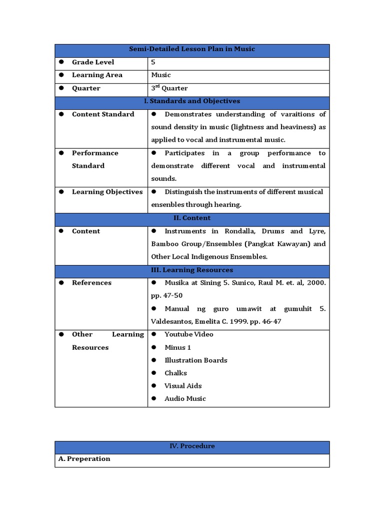 Grade 5 Music Lesson Plan: Ensembles | PDF | Musical Instruments ...