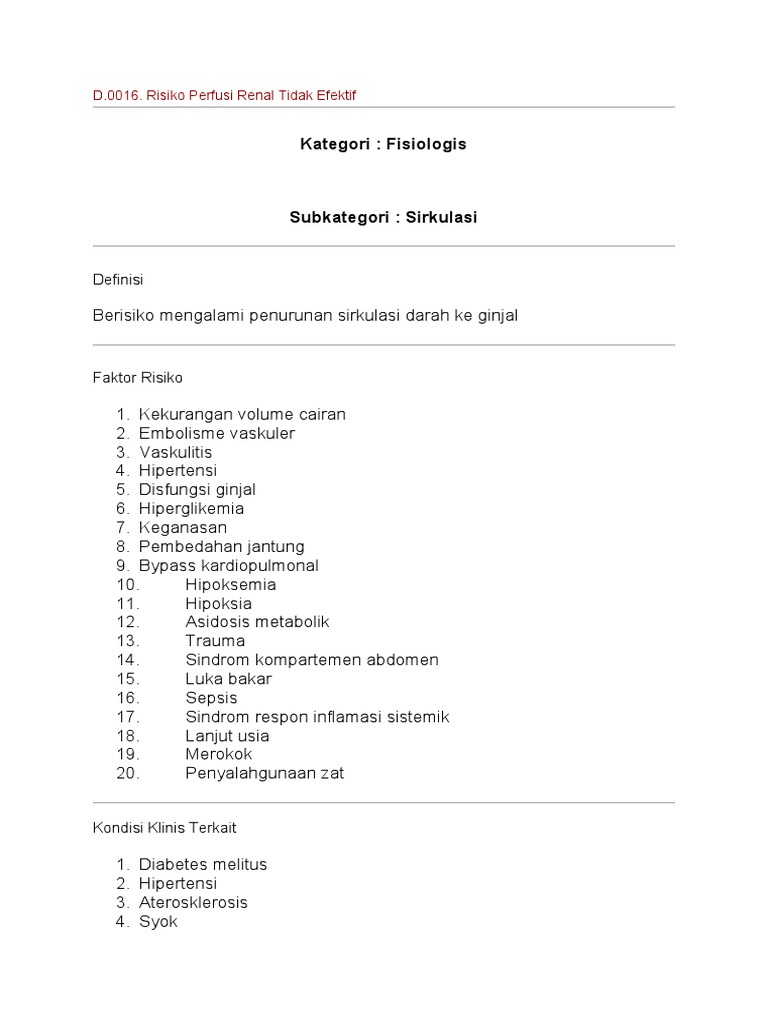 D.0016. Risiko Perfusi Renal Tidak Efektif | PDF | Pengembangan Diri ...