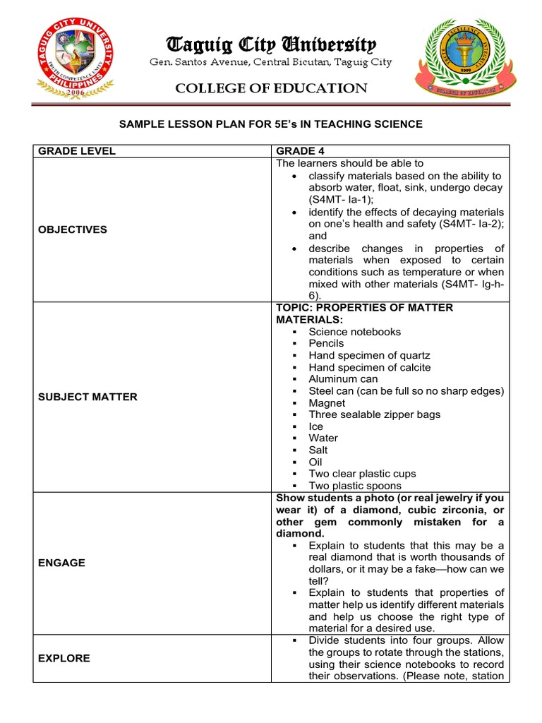 SAMPLE LESSON PLAN FOR 5es IN TEACHING SCIENCE PDF | PDF | Water | Diamond