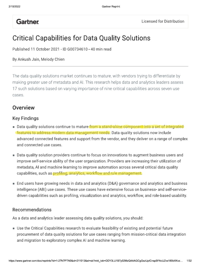 Critical Capabilities For Data Quality Solutions PDF | PDF