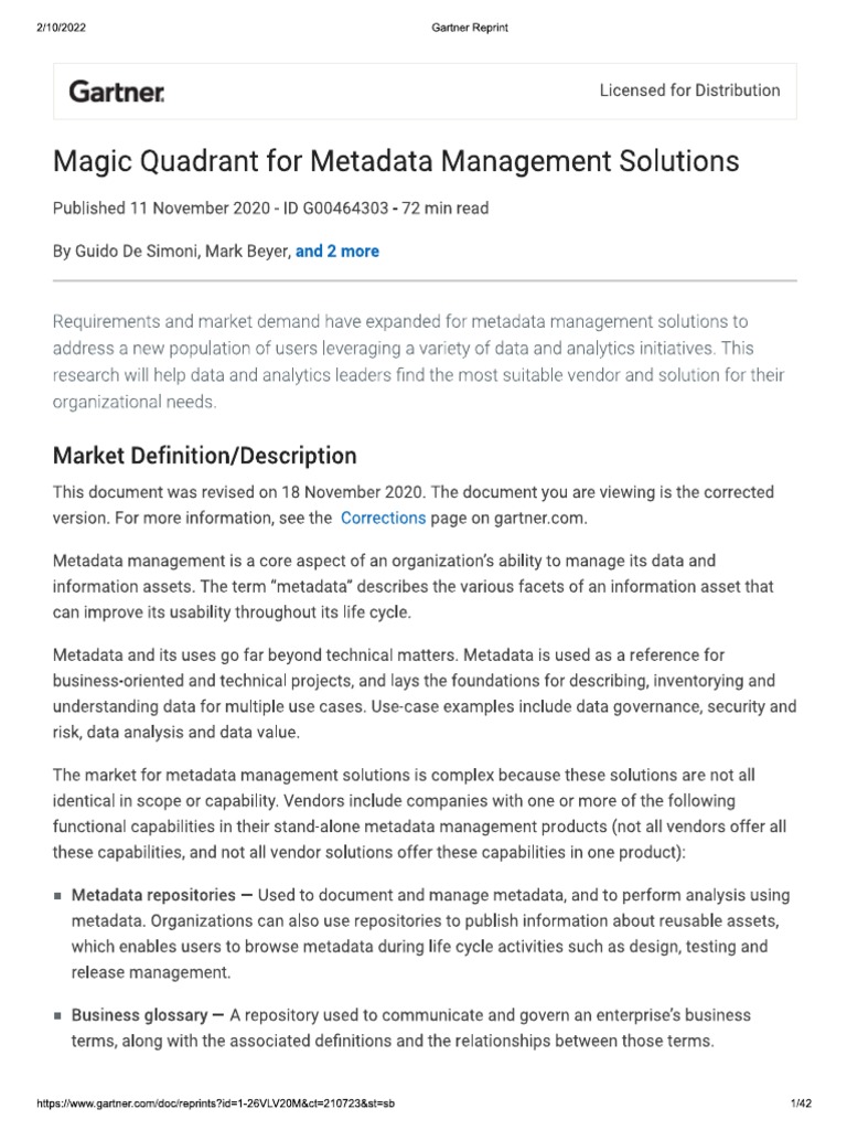 Magic Quadrant For Metadata Management Solutions PDF | PDF