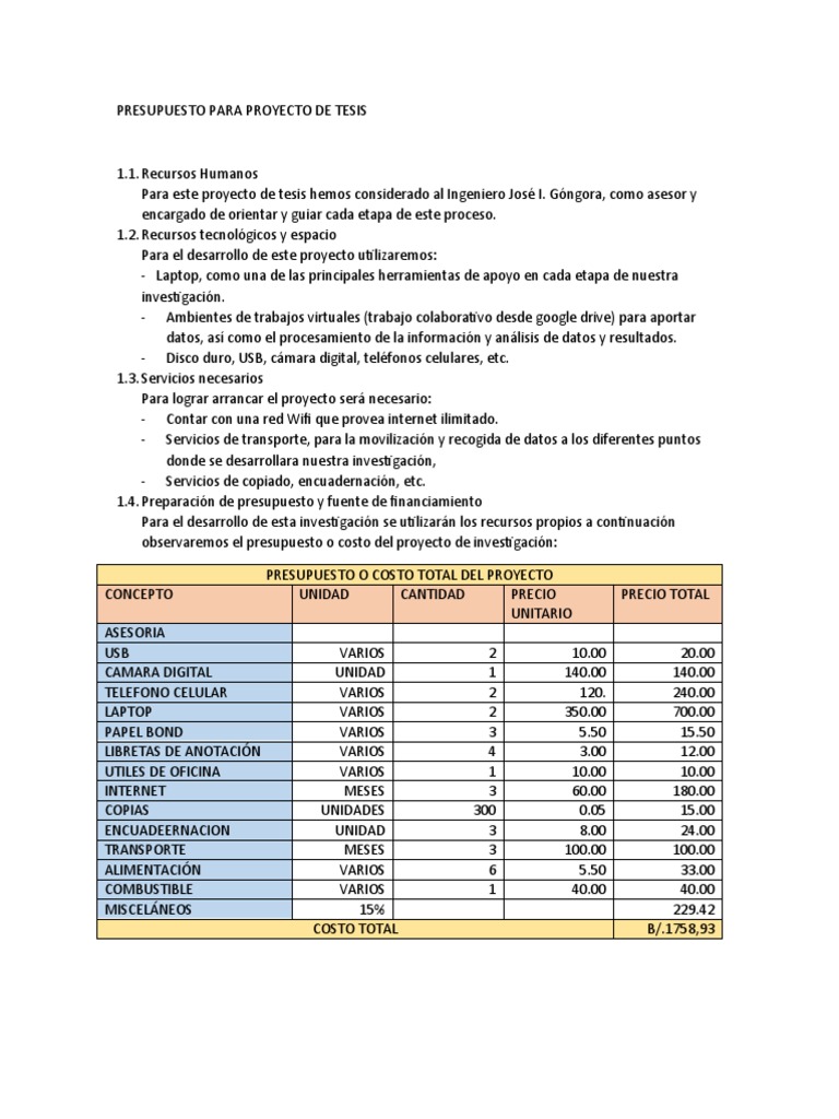 Presupuesto para Proyecto de Tesis | PDF | Presupuesto | Informática