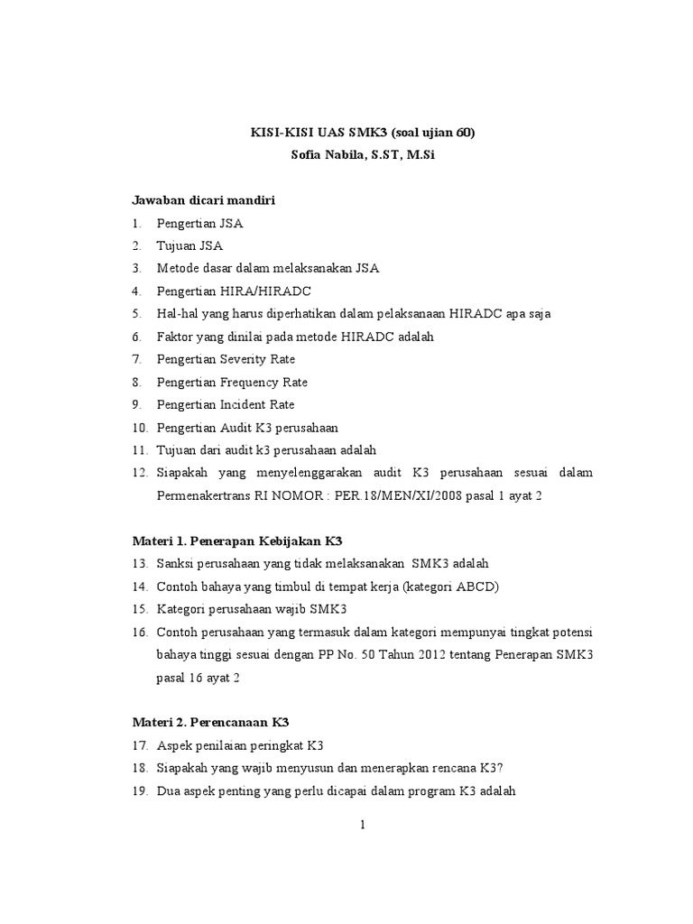 Kisi-Kisi SMK3 | PDF