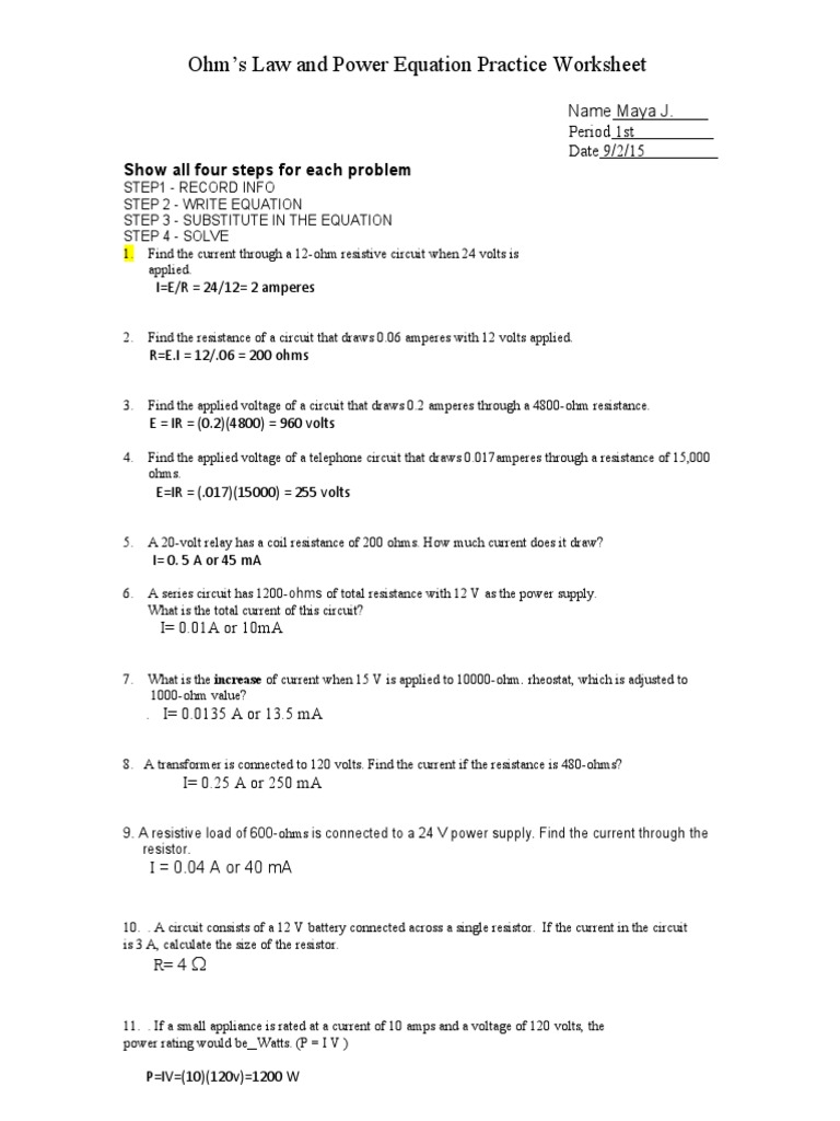 Ohm's Law Practice Worksheet | PDF | Volt | Electrical Network