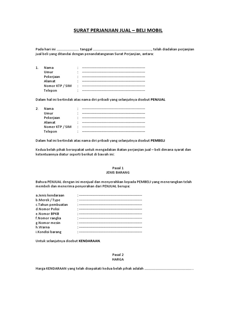 Surat Perjanjian Jual - Beli Mobil | PDF
