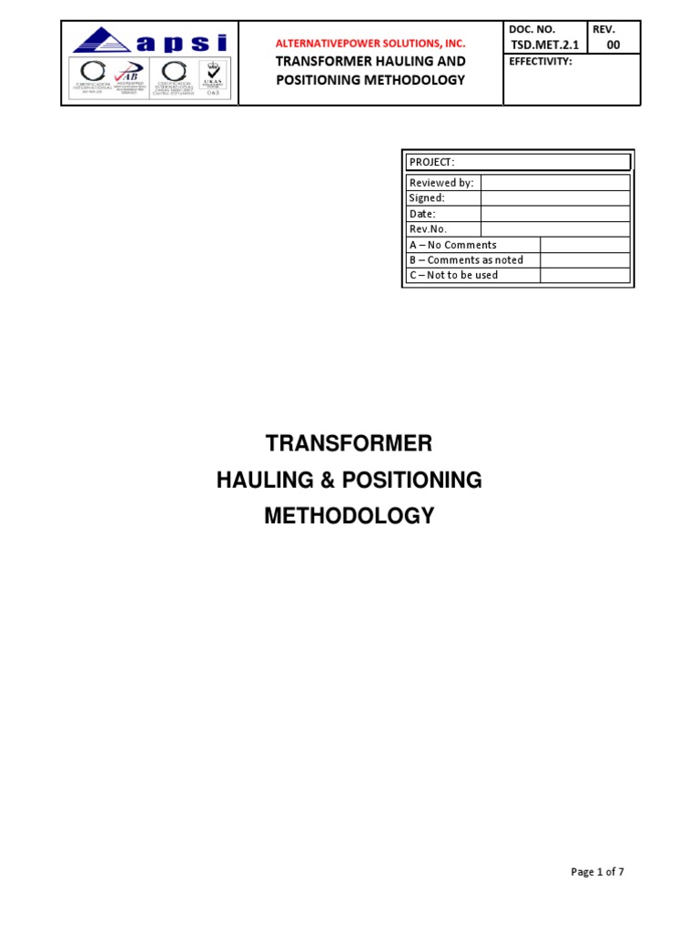 PMT-TSD-MET 02.1 Rev00 TRANSFORMER HAULING & POSITIONING METHODOLOGY ...