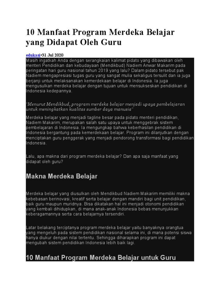 10 Manfaat Merdeka Belajar untuk Guru | PDF