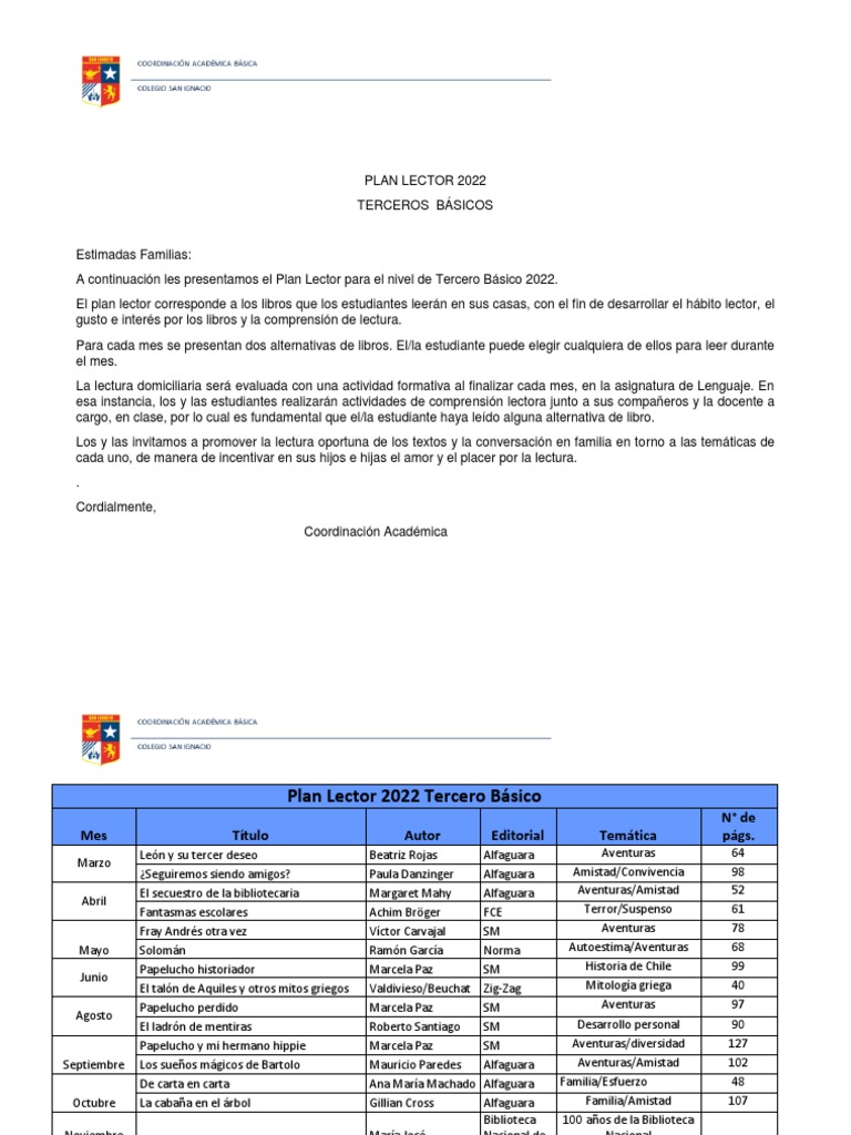 Plan Lector 2022 Tercero Básico | PDF