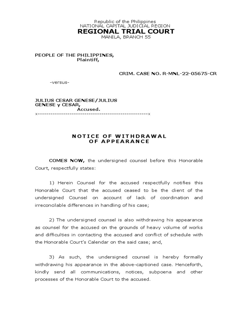 NOTICE of Withdrawal of Appearance CABREDO | PDF | Law