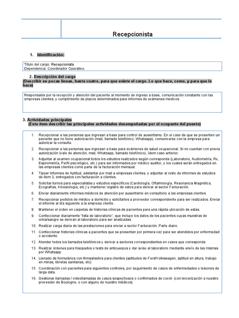 Descripcion de puesto recepcionista.doc | PDF | Medicina | Especialidades Medicas