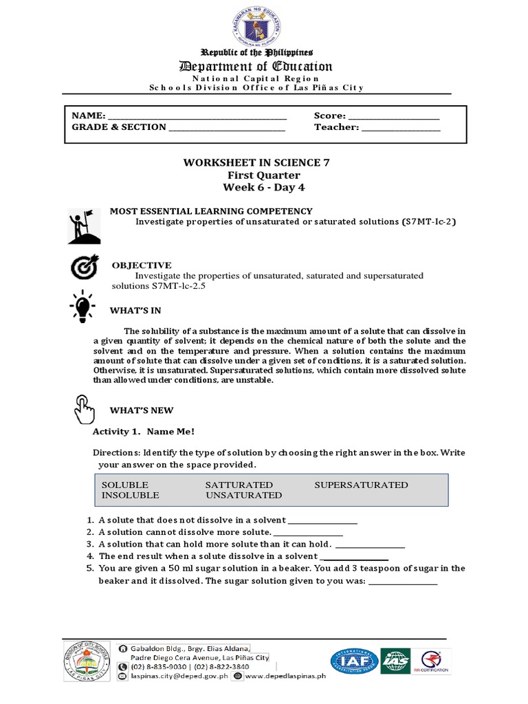 Investigate Properties of Unsaturated or Saturated Solutions PDF | PDF ...