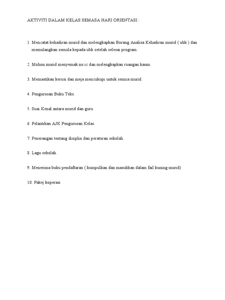 Aktiviti Guru Kelas Semasa Hari Orientasi | PDF