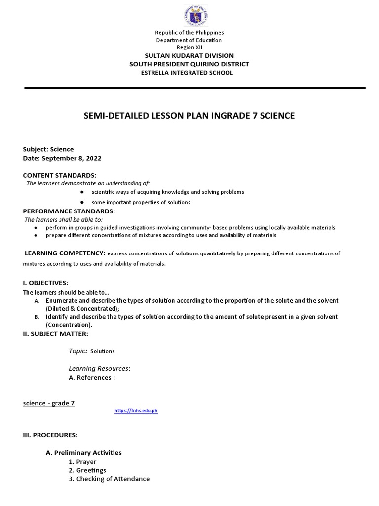 Semi-Detailed Lesson Plan Ingrade 7 Science: Sultan Kudarat Division South President Quirino ...