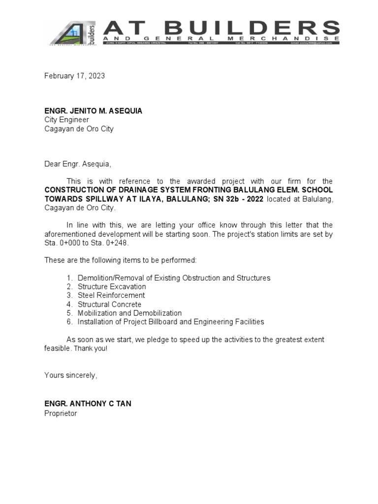Letter To The Office (City Engineers) | PDF