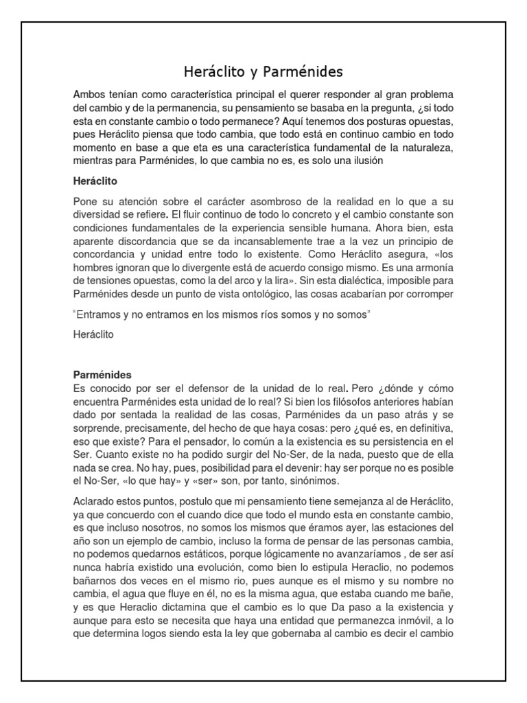 Heráclito Y Parménides Cambio Vs Permanencia Pdf Filosofía