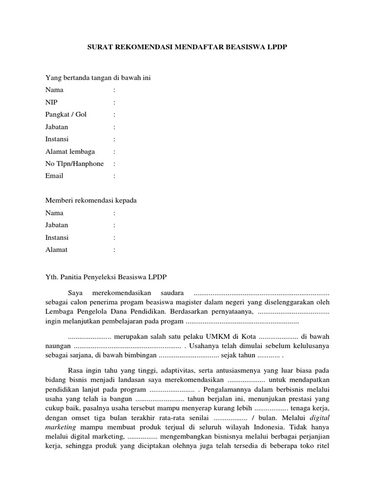Surat Rekomendasi Mendaftar Beasiswa | PDF | Karier & Perkembangan | Bisnis