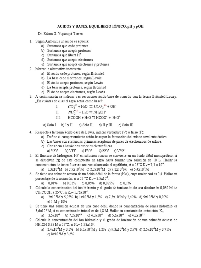 Problemas-ACIDOS Y BASES-pH y pOH-Equilibrio Ionico | PDF | Ácido | Química analítica