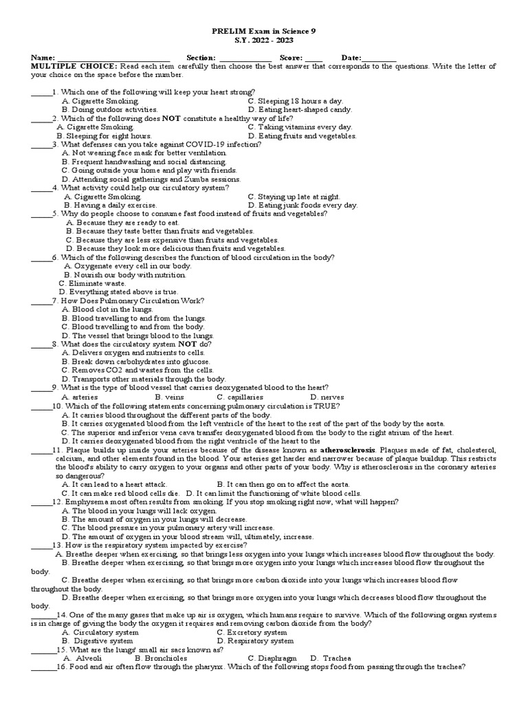 Science 9 Preliminary Exam 2022-2023 | PDF | Cellular Respiration | Artery