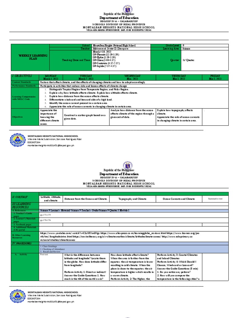Weekly-Learning-Plan Q3 Week25 DIMAPORO | PDF | Mountains | Tropics