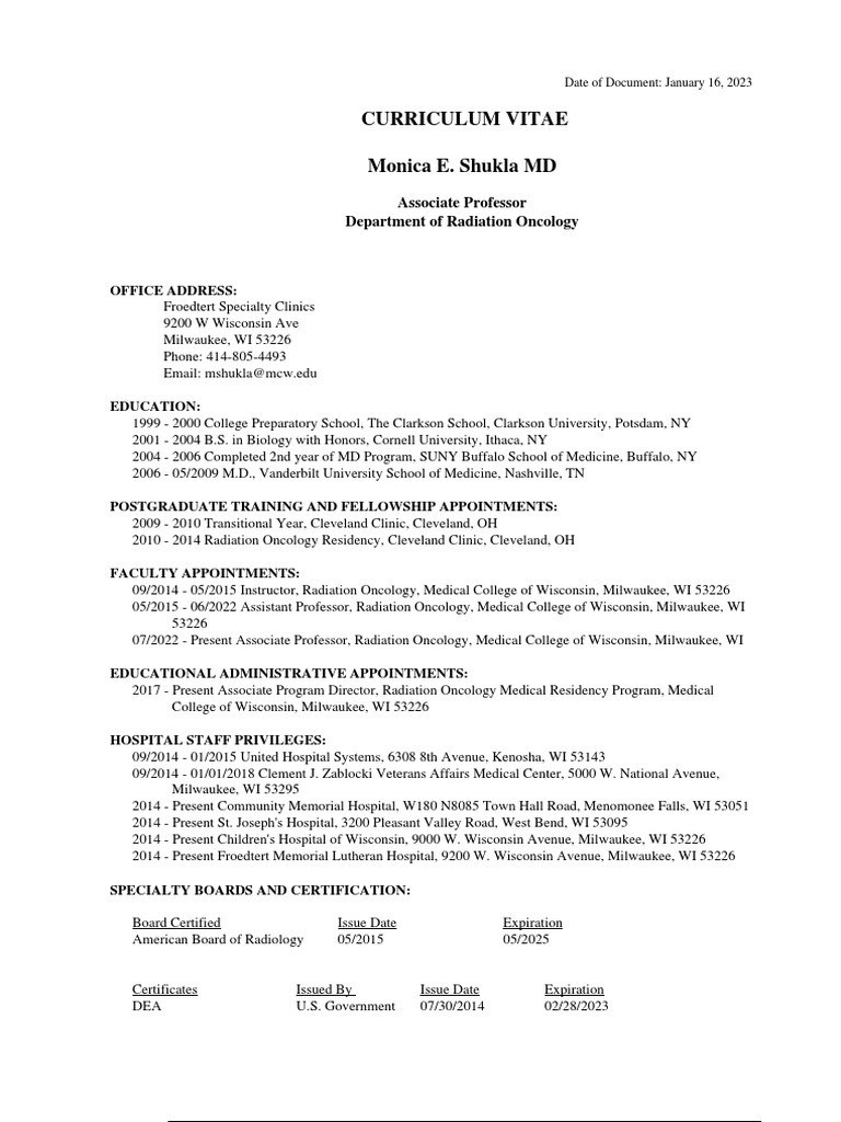 Monica Shukla CV 01-16-2023 | PDF | Radiation Therapy | Mastectomy